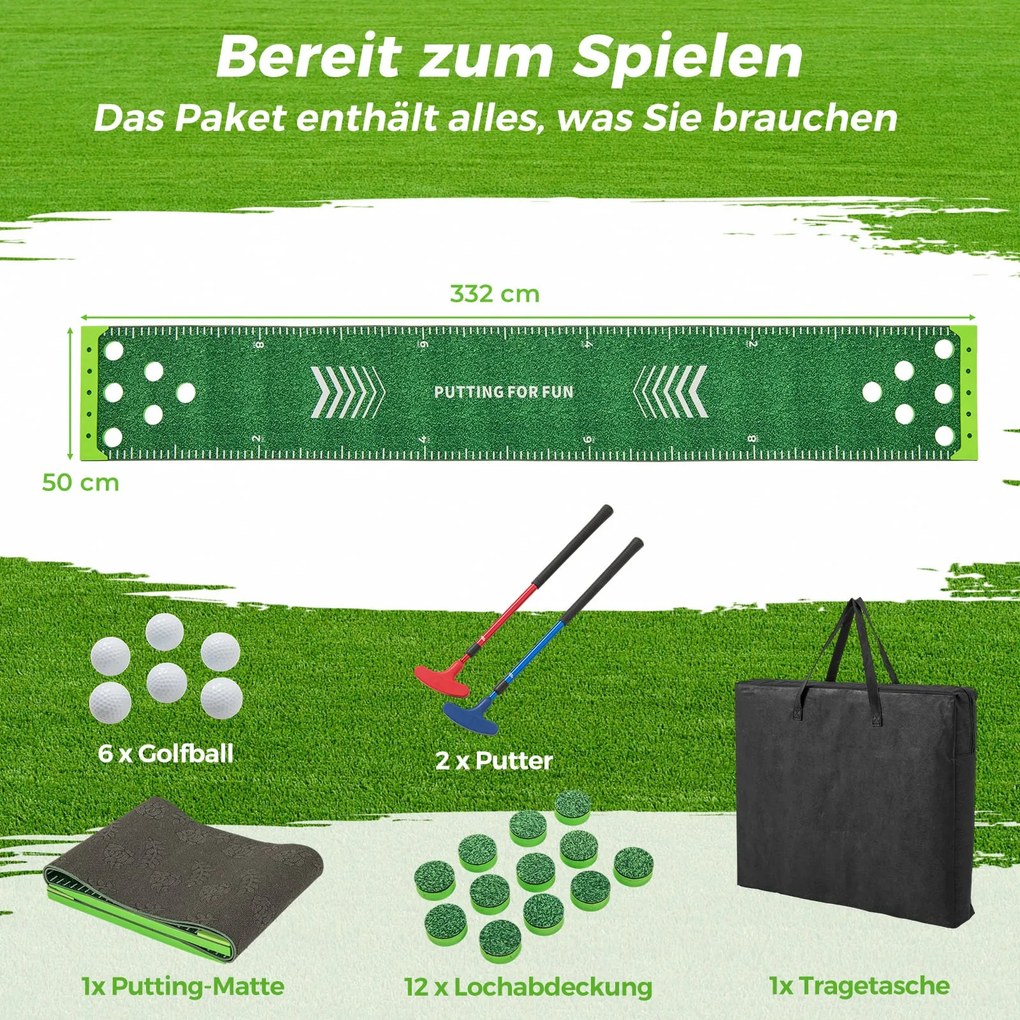 Costway 332 cm golfová podložka s 2 nastavitelnými holemi a 6 míčky golfová