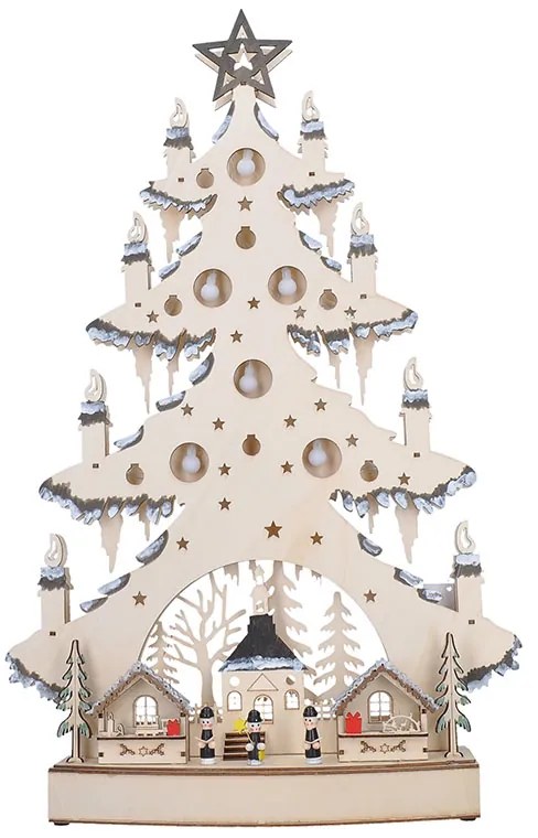 SOLIGHT LED dřevěný vánoční stromek s dekoracemi, 23x LED, přírodní barva, 64cm, 2x AA