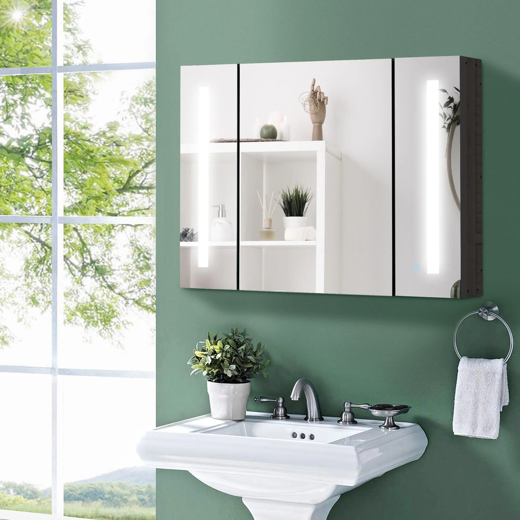 kleankin Koupelnová zrcadlová skříňka na stěnu z MDF se 3 skříňkami, 3 policemi a LED světlem, 90x15x65 cm, černá