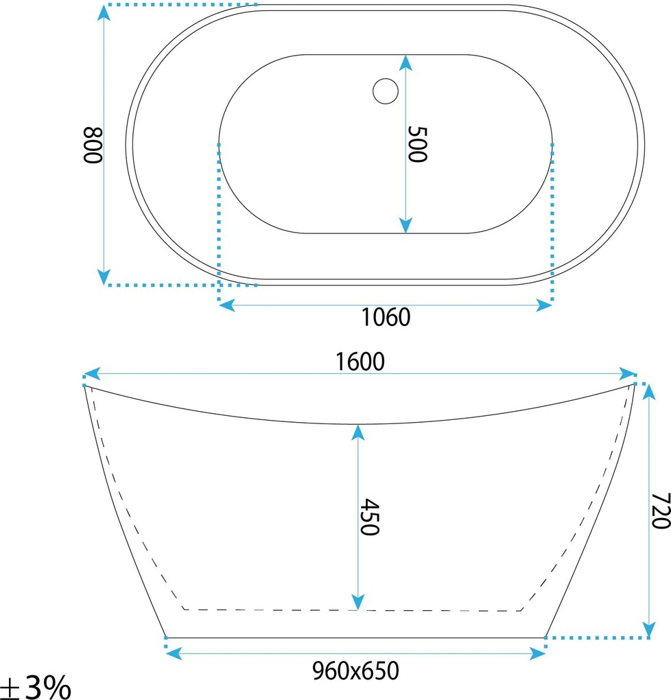 Volně stojící akrylátová vana REA FERRANO 160x80 cm bílý, sifon Click-Clack - kartáčovaná měď