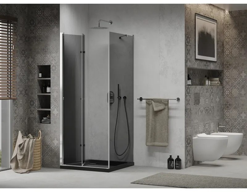 Mexen Lima skládací sprchový kout 90 x 90 cm, Grafitově černá, Chromovaná + sprchová vanička Flat, Černá - 856-090-090-01-40-407