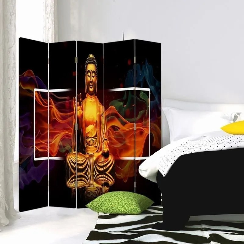 Ozdobný paraván Buddha Zlatá abstrakce - 180x170 cm, pětidílný, obustranný paraván 360°