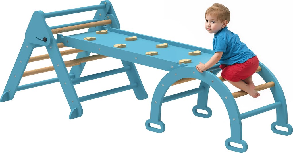 AIYAPLAY 7v1 skládací Montessori lezecí trojúhelník ze dřeva s obloukem a rampou pro děti 18-48 měsíců 188x70 cm modrá
