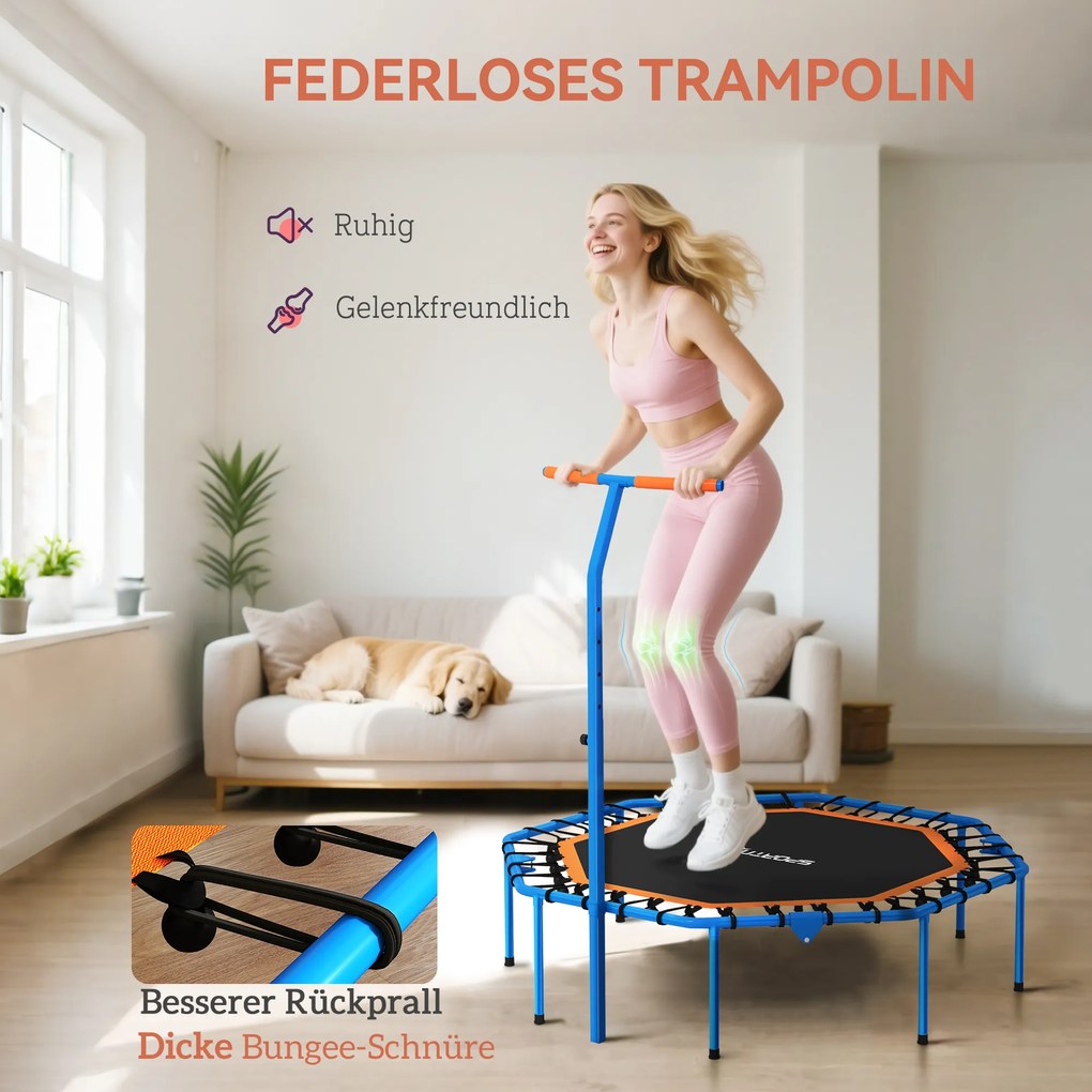 Fitness trampolína, tréninková trampolína s nastavitelnou rukojetí, stabilní a tichá, pro interiér, ocel, modrá barva