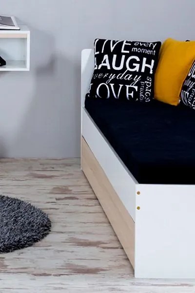 Dětská jednolůžková postel Saly s úložným prostorem na lůžkoviny, MDF, bílá / jasan, 96x76x204 cm
