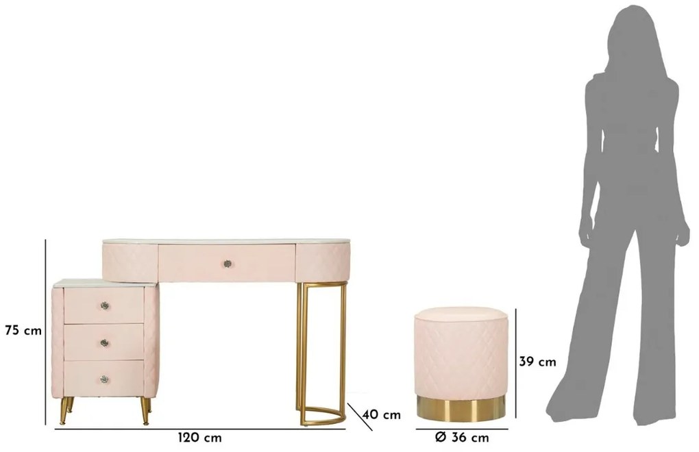 Designový toaletní stolek s taburetkou Pembroke růžový