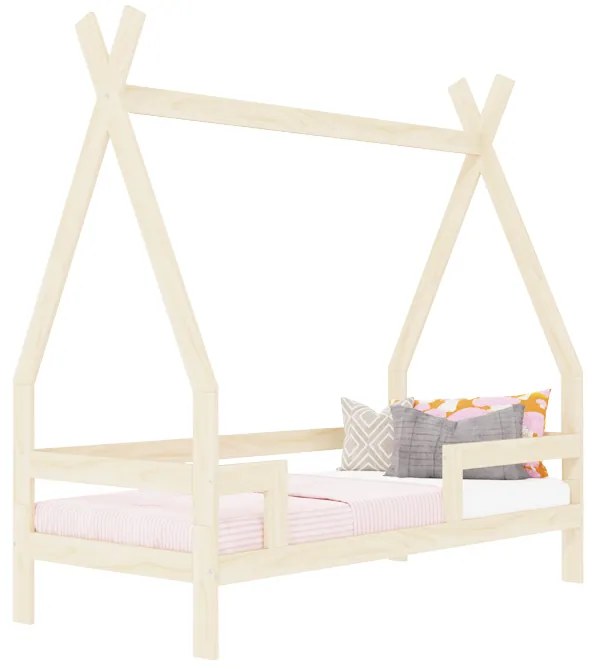 Benlemi Dětská dřevěná postel SAFE 5v1 ve tvaru teepee se zábranou Zvolte barvu: Nelakovaná, Zvolte rozměr: 90x190 cm, Zvolte zábranu: S jednou zábranou