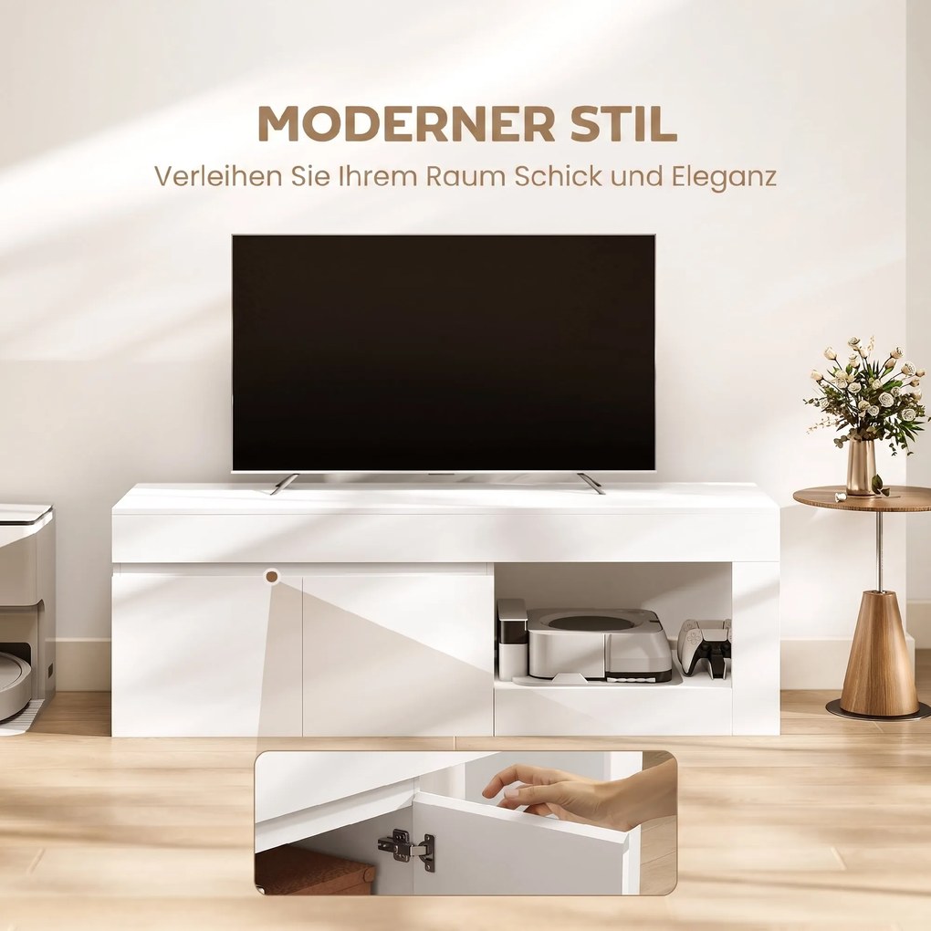 HOMCOM Moderní TV komoda do obývacího pokoje se 2 dveřmi, otevřeným oddílem a úchyty, pro televizory až do 60 palců, 140 x 40 x 48 cm, bílá
