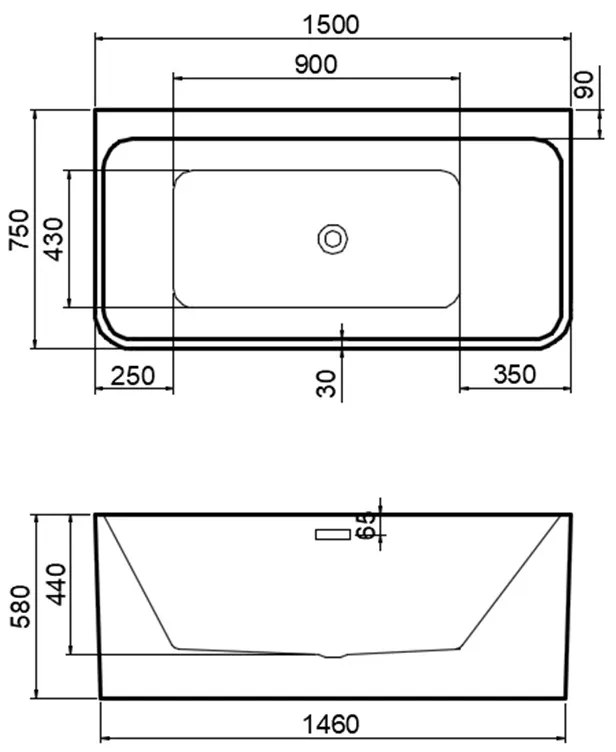 BPS-koupelny Volně stojící akrylátová vana ke stěně HYD-SOF515B 150x75 bílá, odtokový komplet černý