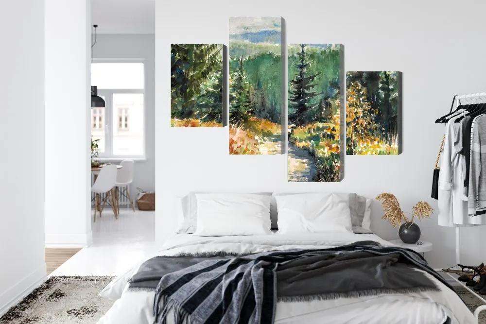 Vícedílný obraz Lesní Krajina Malovaná Vodovými Barvami Nedostatek Nedostatek Přírodní plátno 240x150