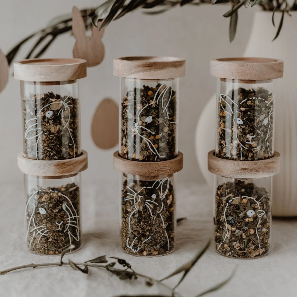 Eulenschnitt Skleněná dóza s víkem Mini Glass/Oak Easter – set 6 ks, čirá barva, přírodní barva, sklo, dřevo