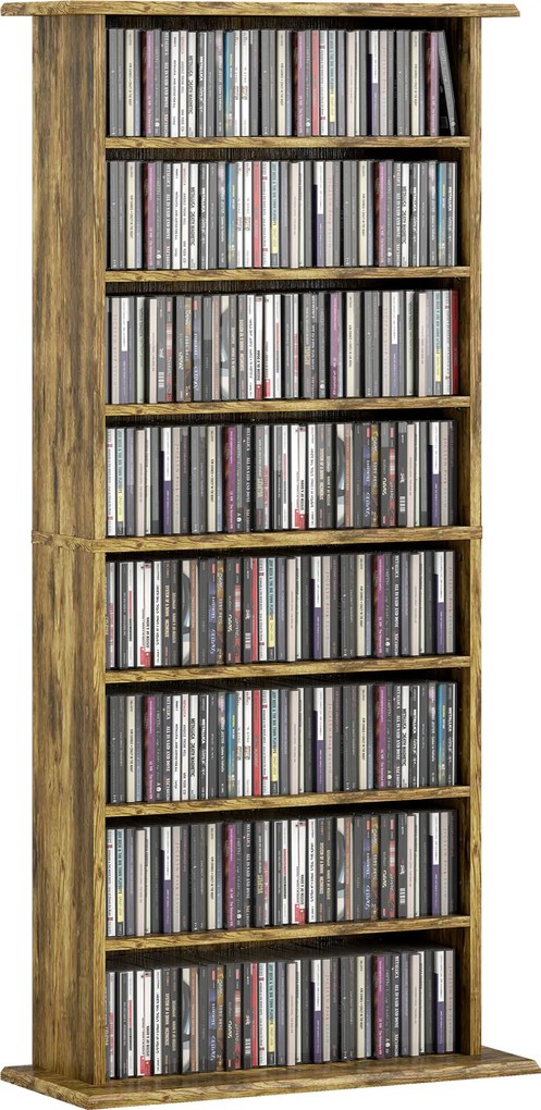 HOMCOM Úložný prostor na CD a DVD s 8 přihrádkami a 6 nastavitelnými policemi, maximální kapacita 360 CD/185 DVD a Blu-ray, hnědá