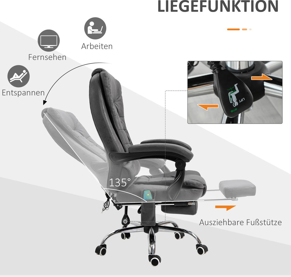 Kancelářská židle Vinsetto s masážní a vyhřívací funkcí, ergonomická, 6 masážních bodů, podnožka, dálkové ovládání, polyester, 65 x 160 x 104 cm, šedá