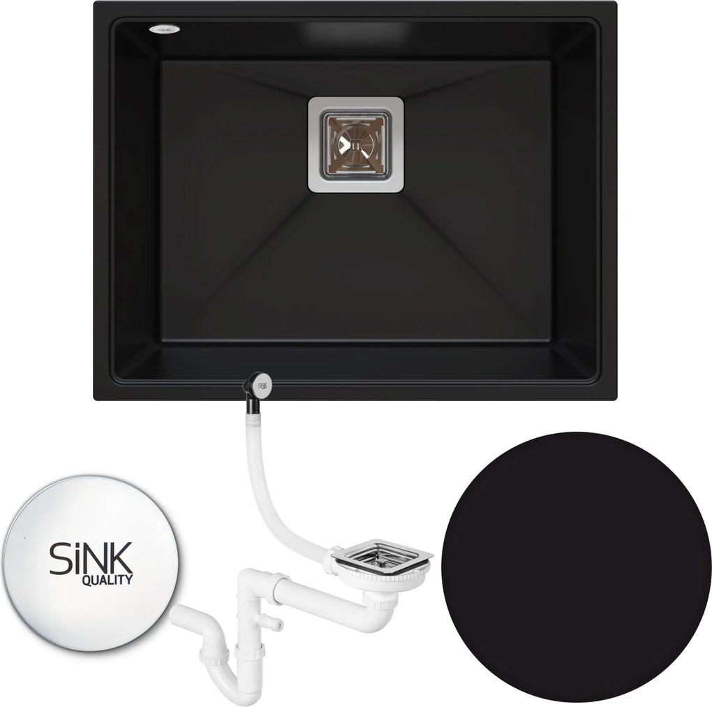 Sink Quality Argon 60, kuchyňský granitový dřez 550x420x225 mm + chromový sifon, černá, SKQ-ARG.C.1KBO.60.X