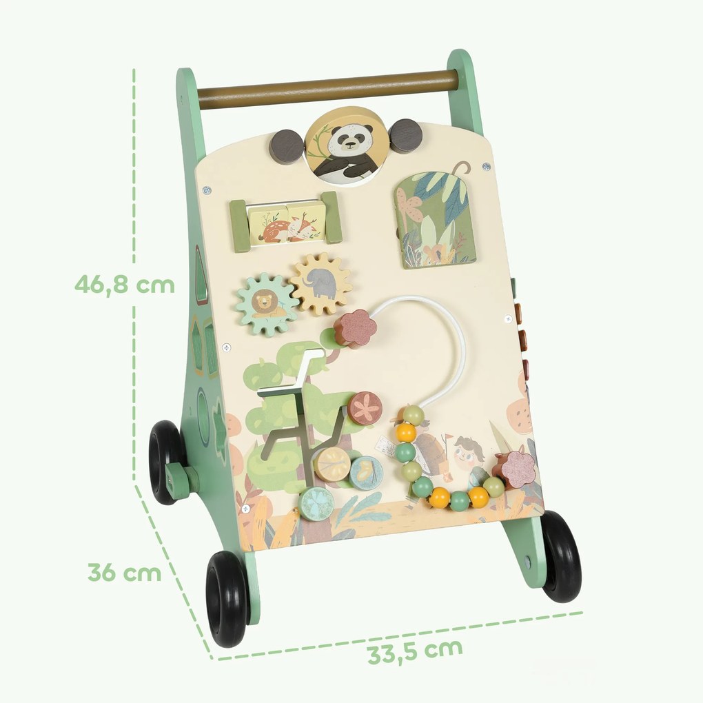AIYAPLAY Dřevěný chodítko Montessori s regulací rychlosti, xylofonem, ozubenými koly a bludištěm s korálky, zelené