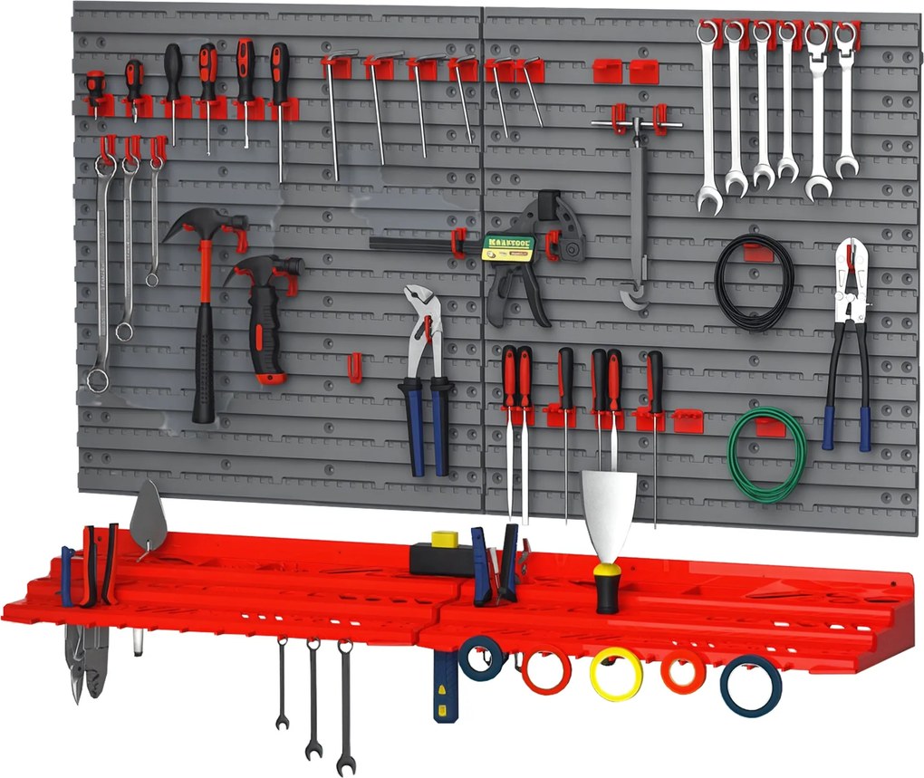 DURHAND Nástěnný regál s pegboardem 54 ks Držák na nářadí pro dílnu Sada háčků PP Šedá+Červená 95,5 x 23 x 53,5 cm | Aosom