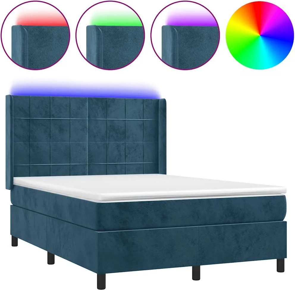 Box spring postel s matrací a LED tmavě modrá 140x200 cm samet 3139569