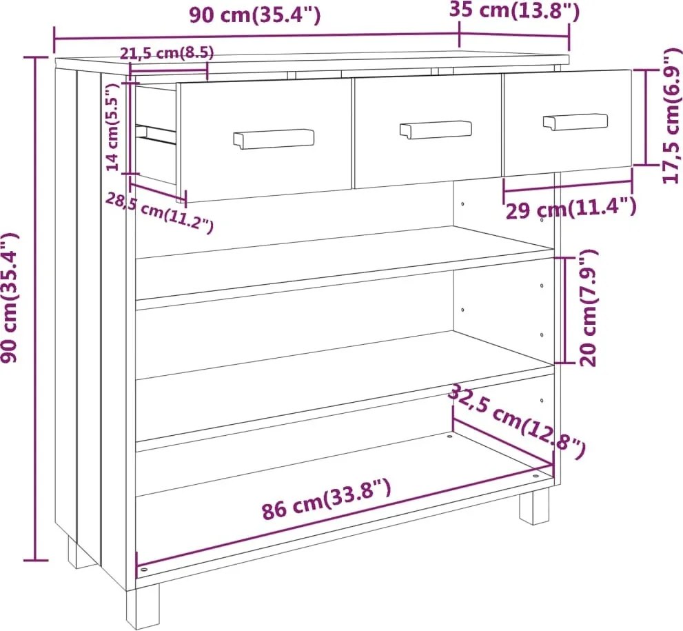 vidaXL Konzolový stolek HAMAR 90 x 35 x 90 cm masivní borovice [340466] Barva: medová hnědá