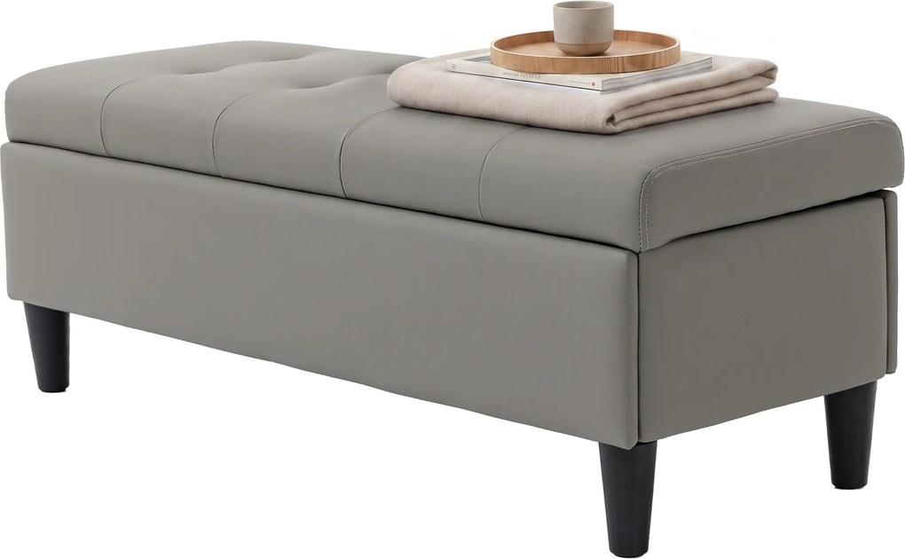 HOMCOM lavice s úložným prostorem 136L, velký úložný puf, podnožka 110x41x42 cm, přátelská k domácím mazlíčkům, umělá kůže šedá