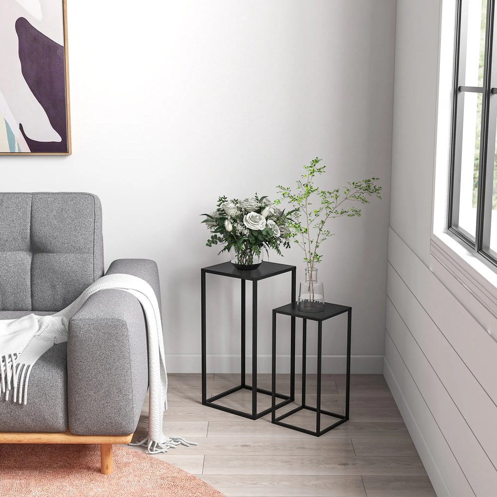 Outsunny sada 2 stojanů na rostliny, stolička na rostliny s ocelovými nohami, skandinávský design, stojan na květiny na zahradu, balkon, černý
