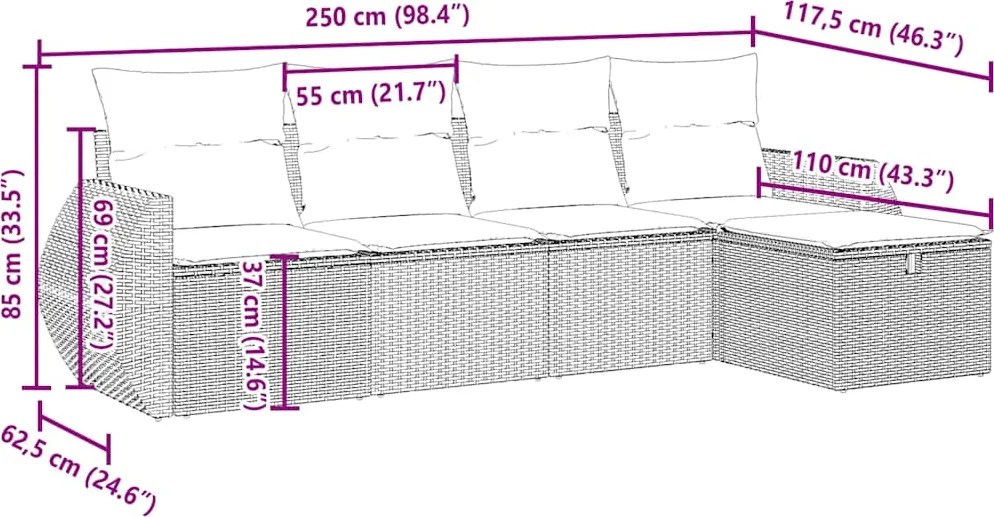 5dílná zahradní sedací souprava a podušky světle šedá polyratan 3264088