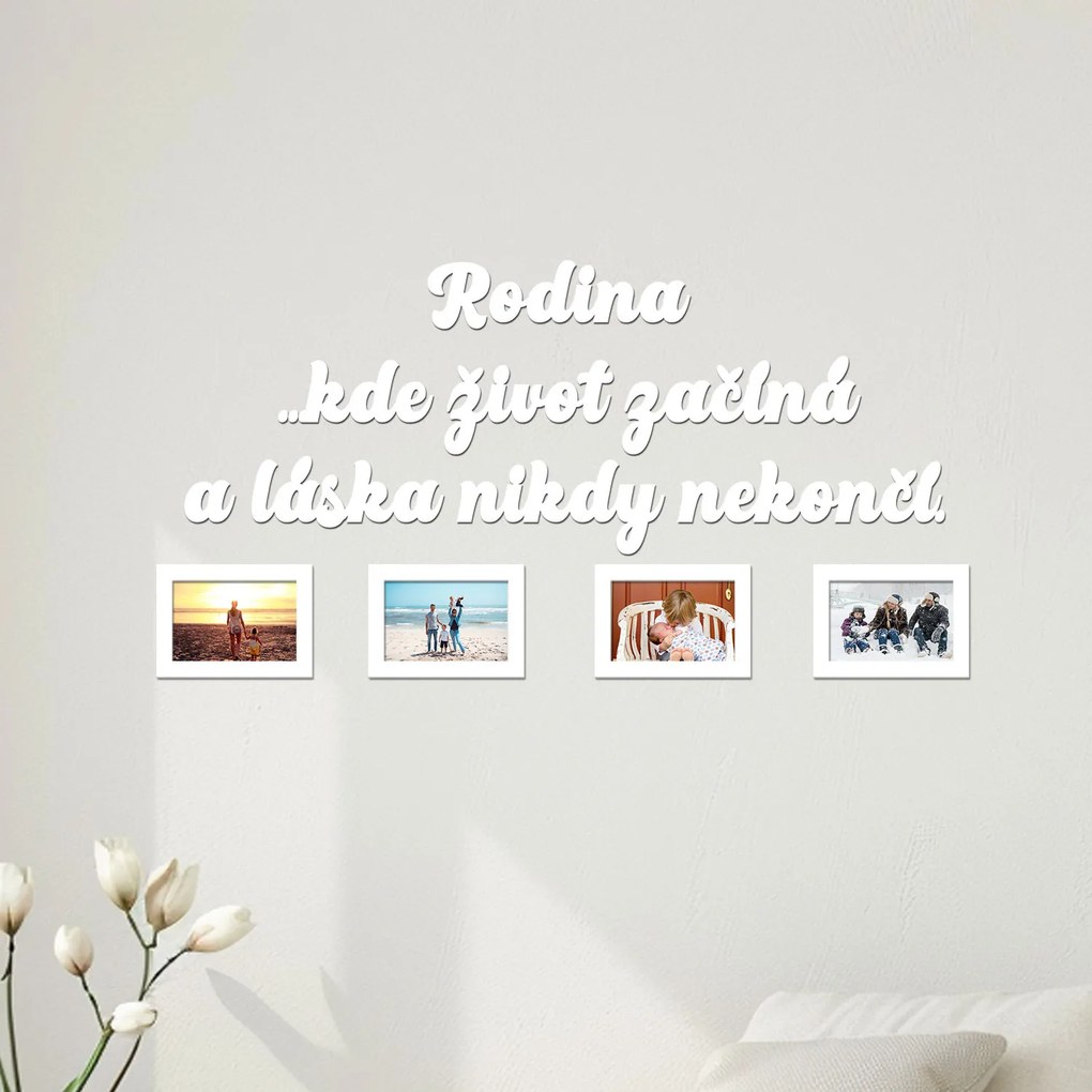 dřevo života Dřevěný fotorámeček Rodina kde života začíná Zvolte barvu dekoru: Bílá, Velikost fotografie: 15x21