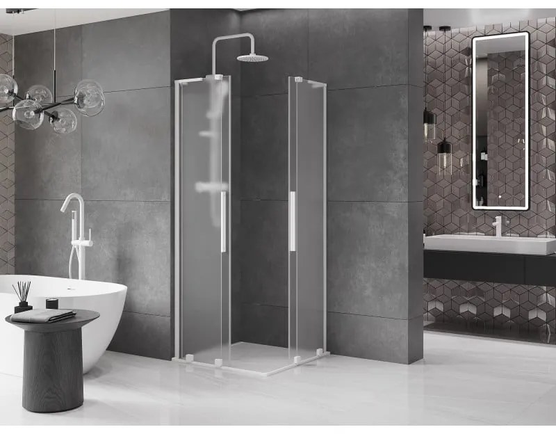 Mexen Velar L Duo, sprchový kout s posuvnými dveřmi 100 x 100 cm, 8mm sklo námraza, bílá matná, 871-100-100-02-33-20