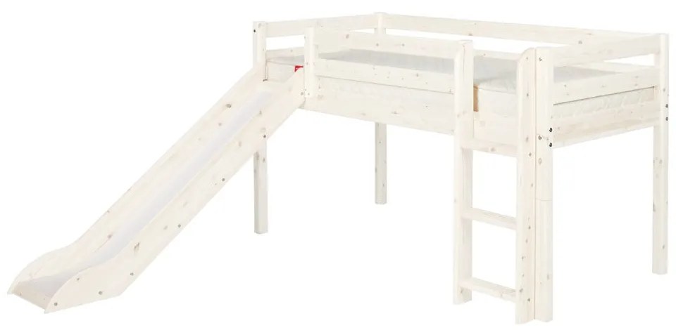 Bílá středně vysoká dětská postel z borovicového dřeva se skluzavkou Flexa Classic, 90 x 200 cm
