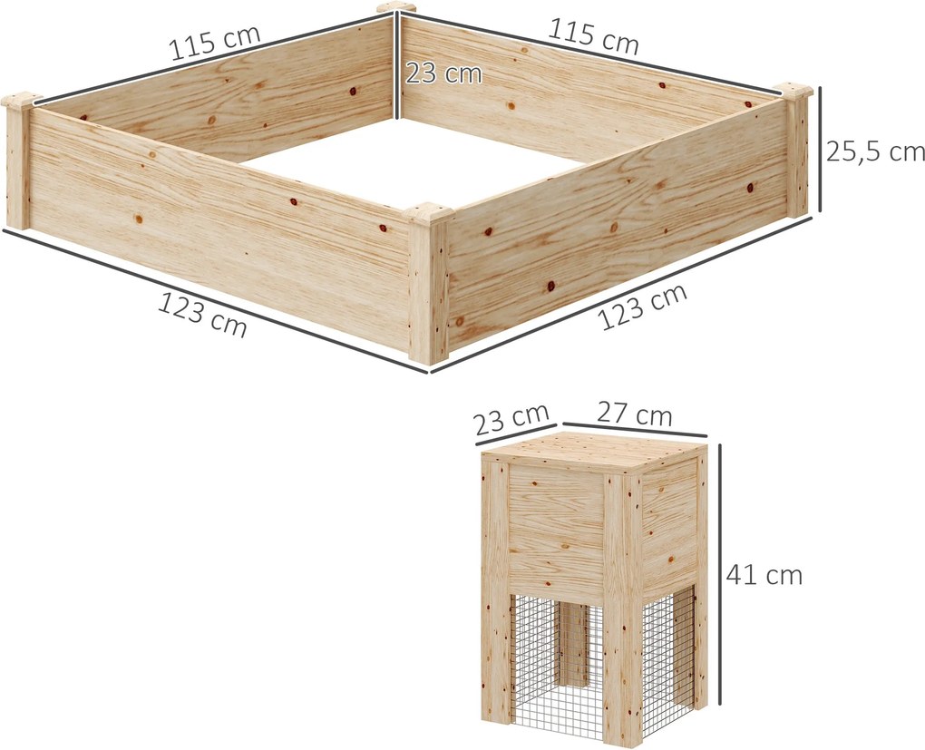 Outsunny Dřevěný Truhlík, venkovní čtvercový vyvýšený zahradní záhon s kompostérem, otevřený design, květinový záhon pro zeleninu a květiny na zahradě
