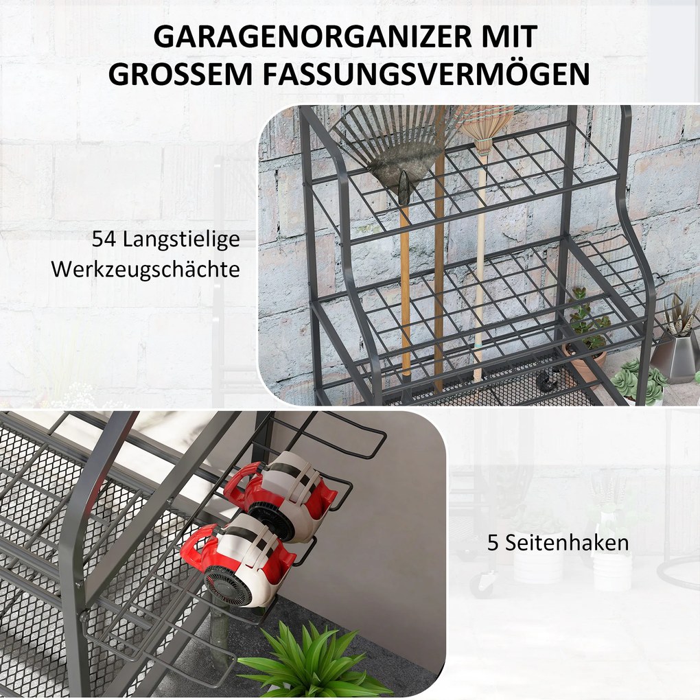 Organizér na zahradní nářadí 3-patrový stojan na zahradní nářadí s háky do 40 kg zátěže 77x40x97cm černý
