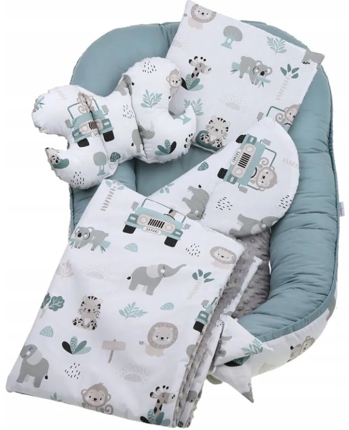 Oboustranné hnízdečko (kokon) pro miminko - BABYMAM PREMIUM set 7v1 - Na safari s šedou minky