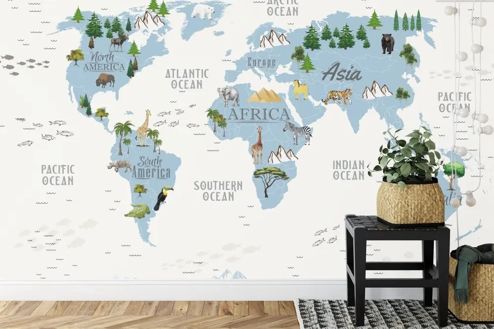 Fototapeta Animals World Map For Kids Wallpaper Design Vliesová tapeta ...