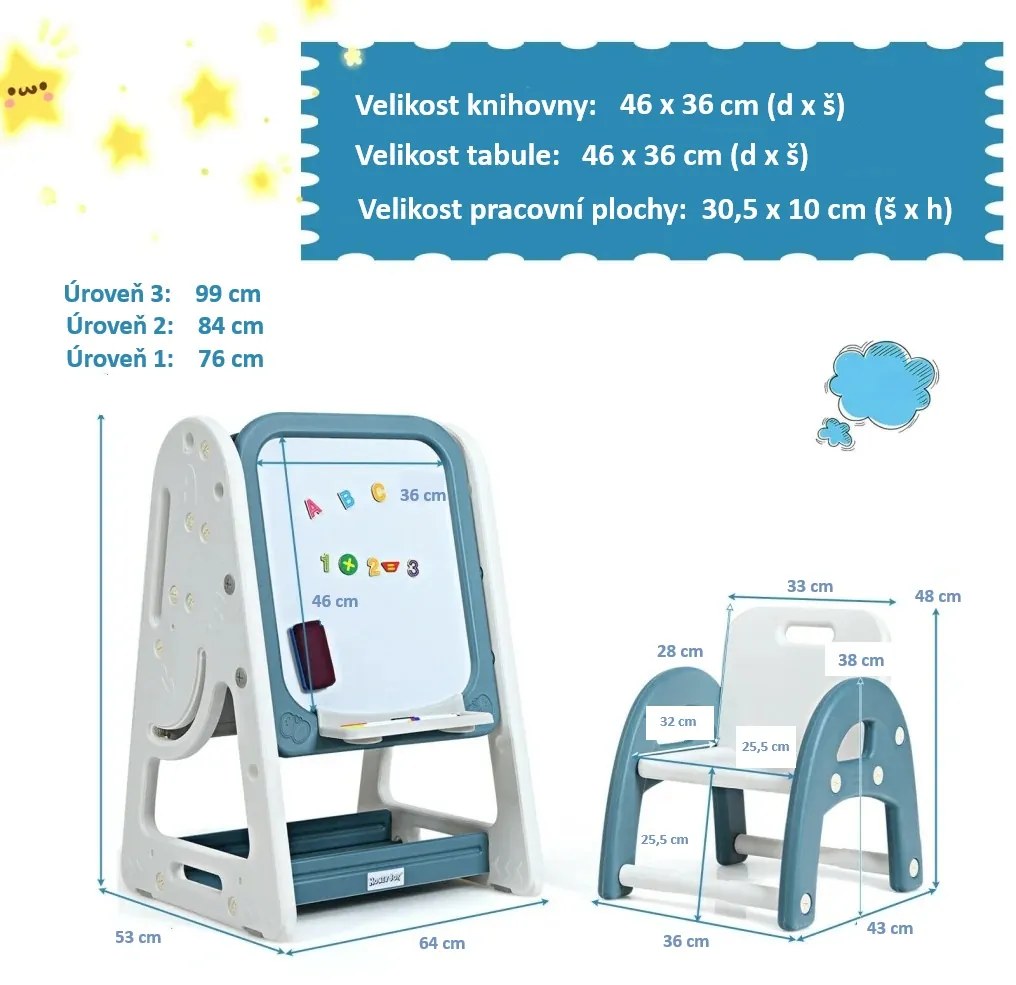 Costway Dětský víceúčelový oboustranný stojan na kreslení 2v1 se stoličkou, bílo-modrý BB5639BL