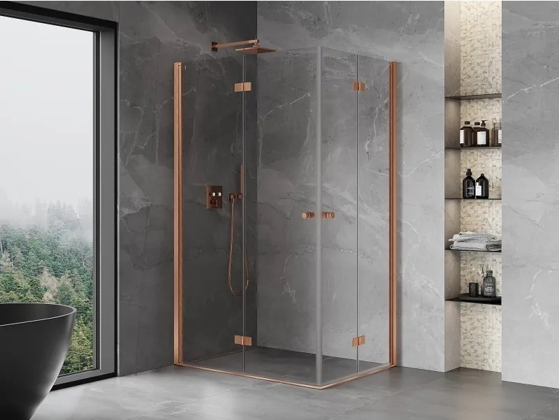 Mexen Mist-F Duo, skládací sprchový kout 85 x 80 cm, průhledný, broušená měď - 8A6-085L-080P-65-00