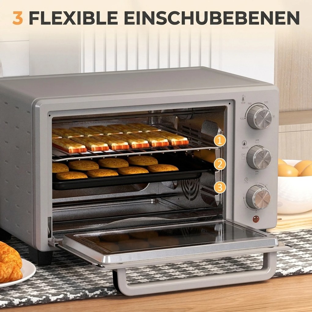 HOMCOM malá trouba 21l, 100°C-230°C, časovač na 1 hodinu, 3 režimy pečení, drátěný rošt, plech, nerez, 46L x 38.5W x 29H cm, stříbrná| Aosom