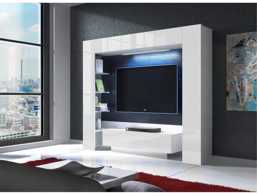  Luxusní TV a media stěna, bílá / bílý extra vysoký lesk s LED osvětlením, MONTEREJ