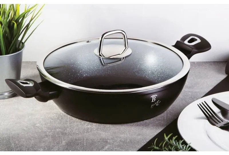 BERLINGERHAUS Pánev WOK s poklicí a mramorovým povrchem 30 cm Black Silver Collection BH-7113