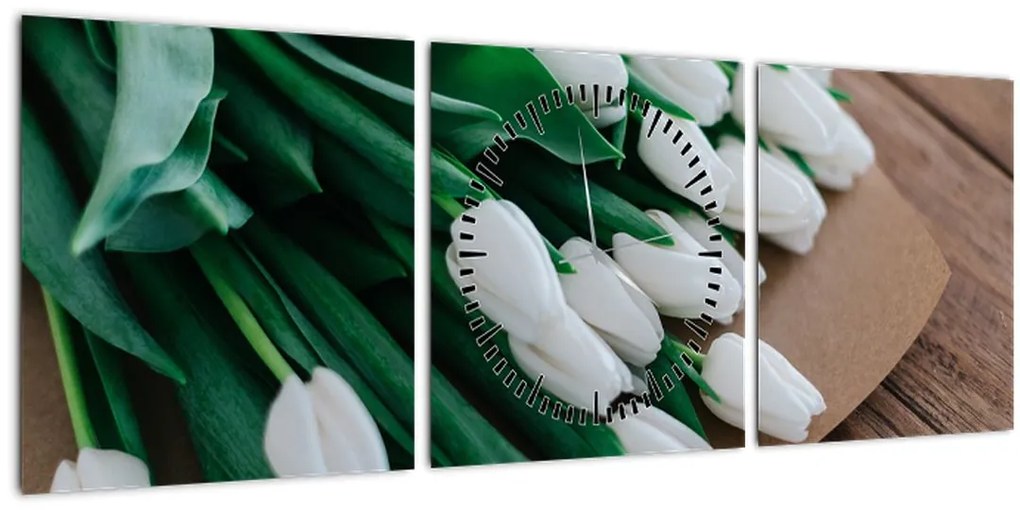 Obraz kytice bílých tulipánů (s hodinami) (90x30 cm)