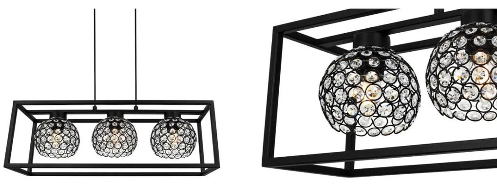 Závěsné svítidlo CRYSTAL CAGE, 3x černé křišťálové stínítko v kovovém rámu