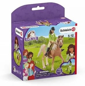 Schleich 42542 Černovláska Sarah s pohyblivými klouby na koni Mystery