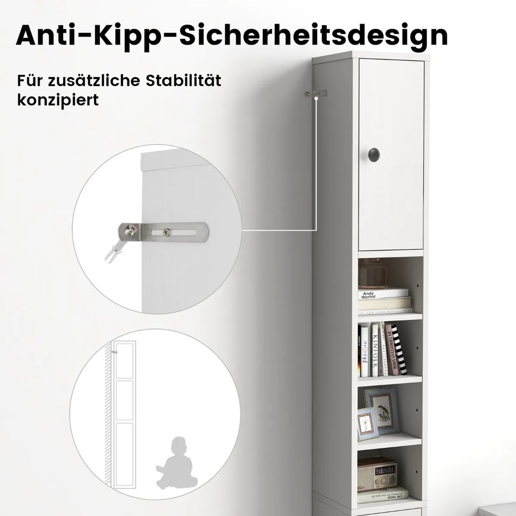 Costway Koupelnová skříňka Slim se 2 dveřmi a 1 zásuvkou a nastavitelnými