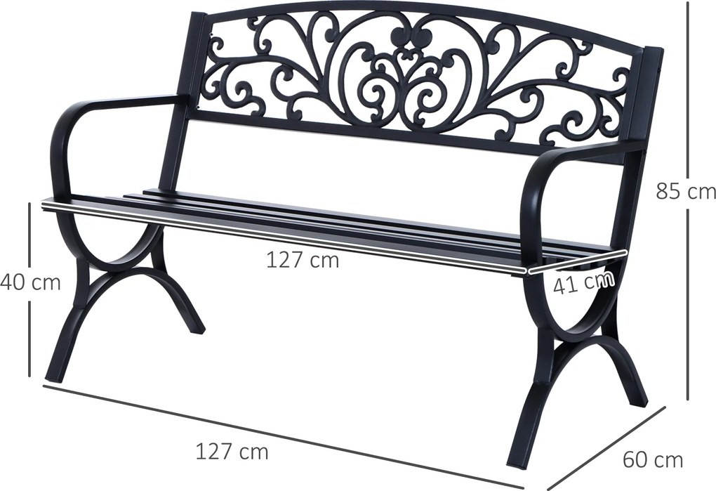Outsunny dvoumístná zahradní lavička 240 kg nosnost, vhodná pro vnitřní i venkovní použití 127x60x85 cm černá