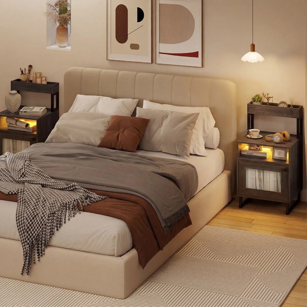 Costway Moderní noční stolek s LED osvětlením a horním tácem