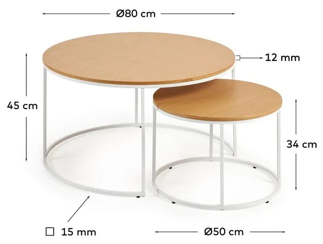 Kulaté konferenční stolky v sadě 2 ks s deskou v dubovém dekoru ø 80 cm Yona - Kave Home