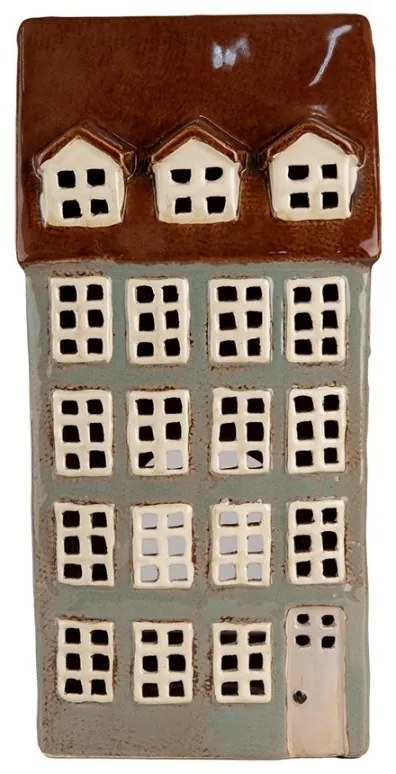 Šedý keramický svícen na čajovou svíčku domek Amster Village - 15*11*30 cm