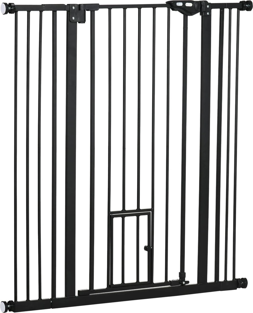 PawHut Bezpečnostní bariéra pro psy s 1 malými dveřmi 74-101x104,1 cm, rozšířitelná bariéra pro domácí zvířata s automatickým zámkovým systémem a dvoj
