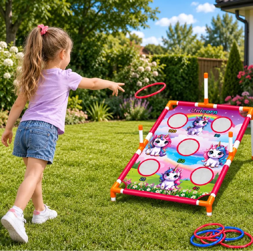 LEAN Toys Obratnostní hra „Hod na terč“ 4 v 1 – terč, deska, jednorožci, obruče, frisbee