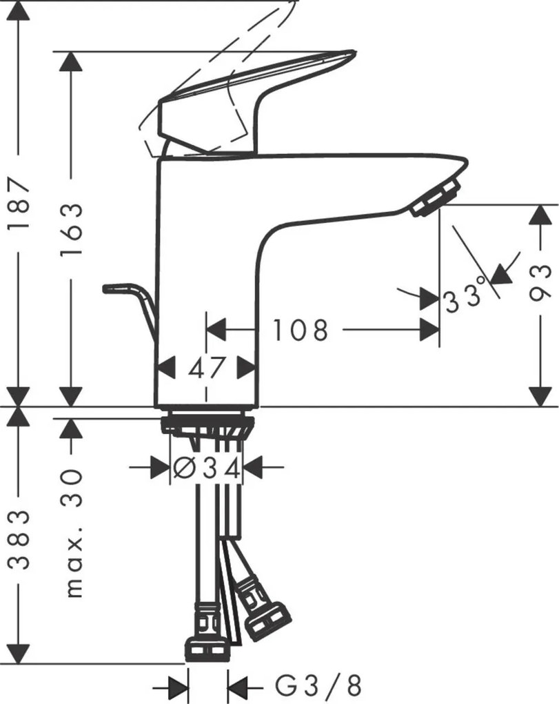 Hansgrohe Logis, páková umyvadlová baterie 100 LowFlow s odtokovou soupravou s táhlem, chromová, HAN-71104000