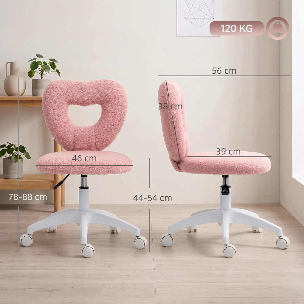 HOMCOM Kancelářská židle otočná srdcového tvaru bez opěrek, výškově nastavitelná židle z teddy fleecu pro studijní místnost, růžová