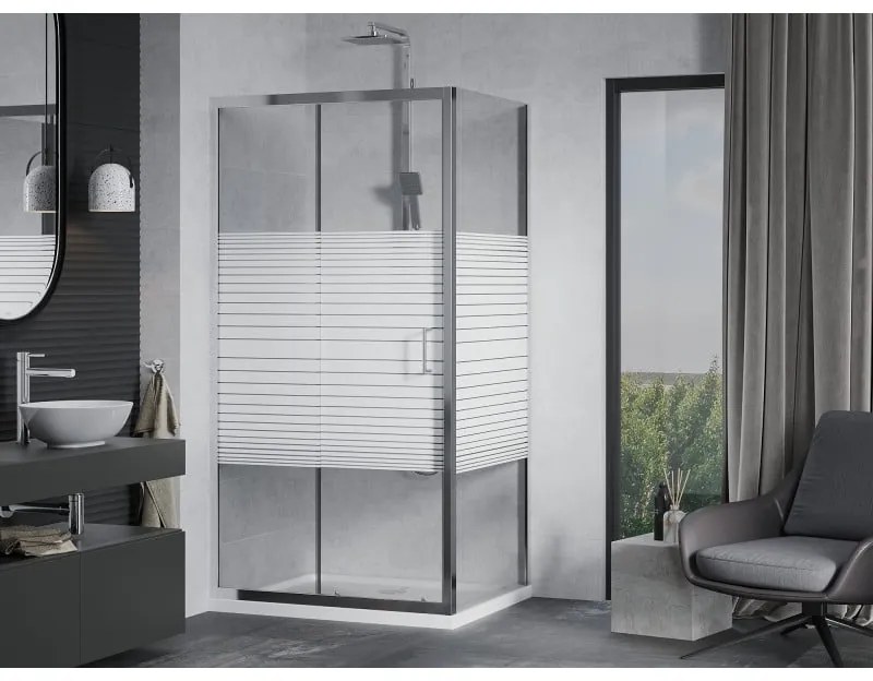 Mexen Apia posuvný sprchový kout 90 x 80 cm, 5mm sklo, chromový profil-čiré sklo/pásy + slim sprchová vanička 5cm, 840-090-080-01-20-4010